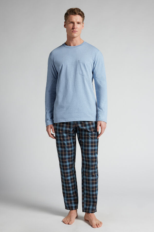Long Cotton and Plain-Weave Pyjamas with Blue Check Print | Intimissimi