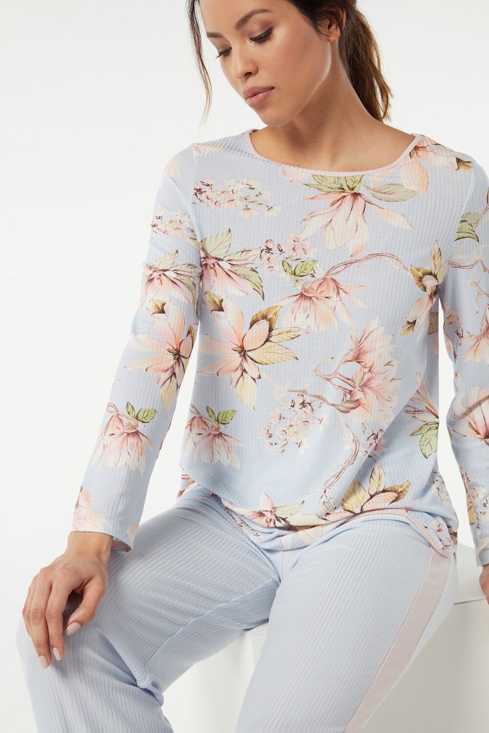 Long Ribbed Floral Print Modal Pyjamas | Intimissimi