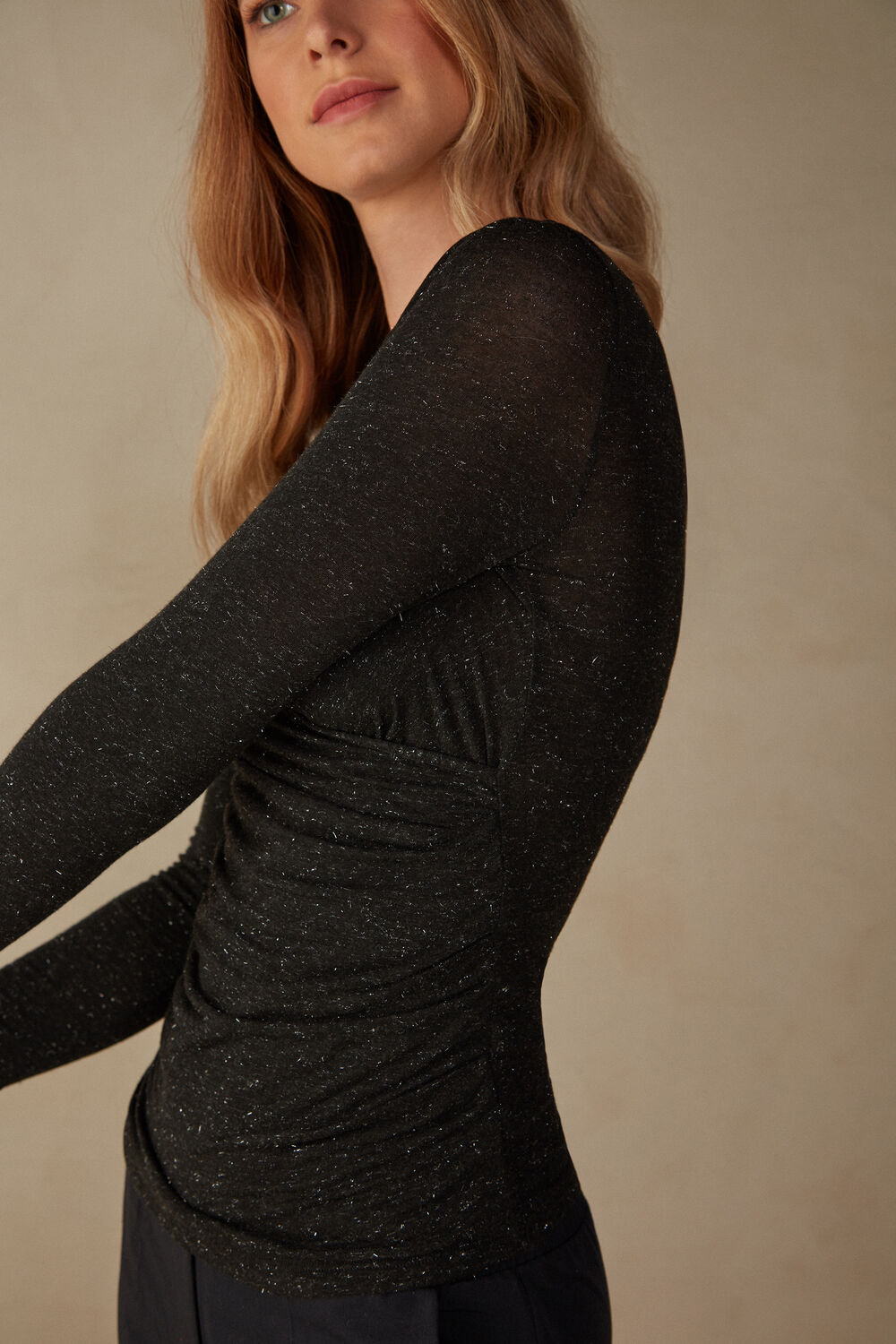 Maglia Manica Lunga Incrociata con Arriccio in Modal Light con Cashmere ...
