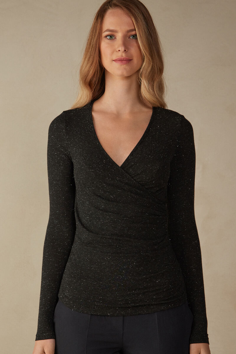 Maglia Manica Lunga Incrociata con Arriccio in Modal Light con Cashmere ...
