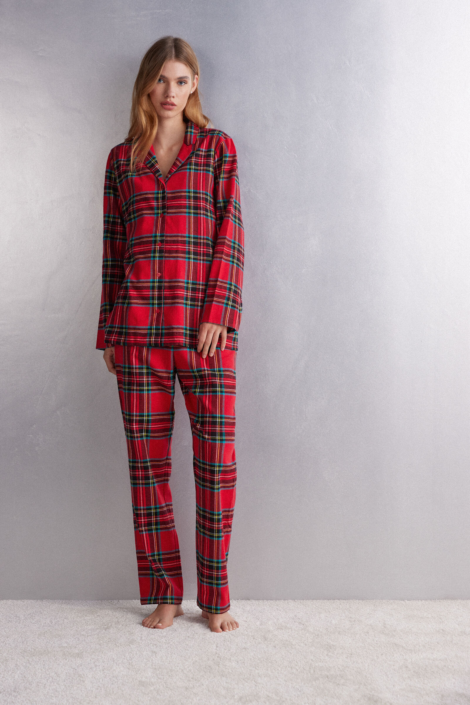 Full-Length Red Tartan Brushed Plain-Weave Pyjamas | Intimissimi