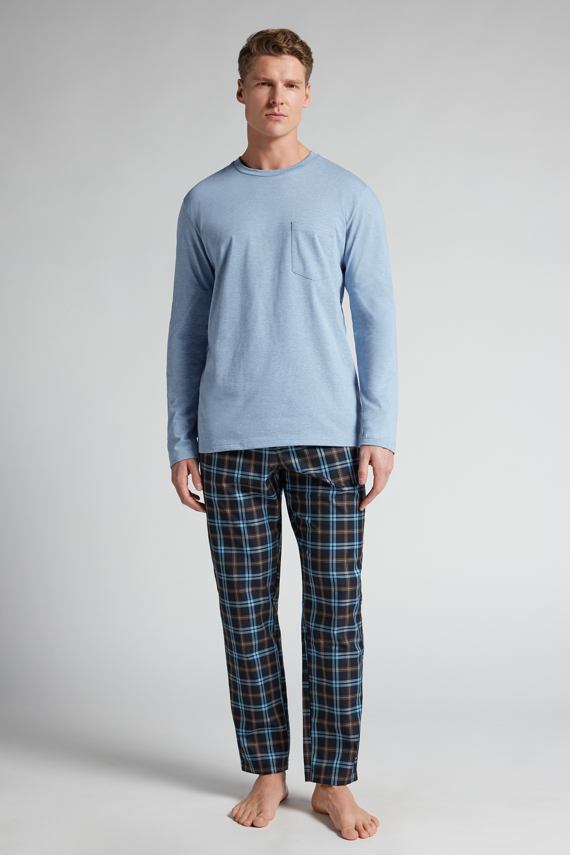 Long Cotton and Plain-Weave Pyjamas with Blue Check Print | Intimissimi