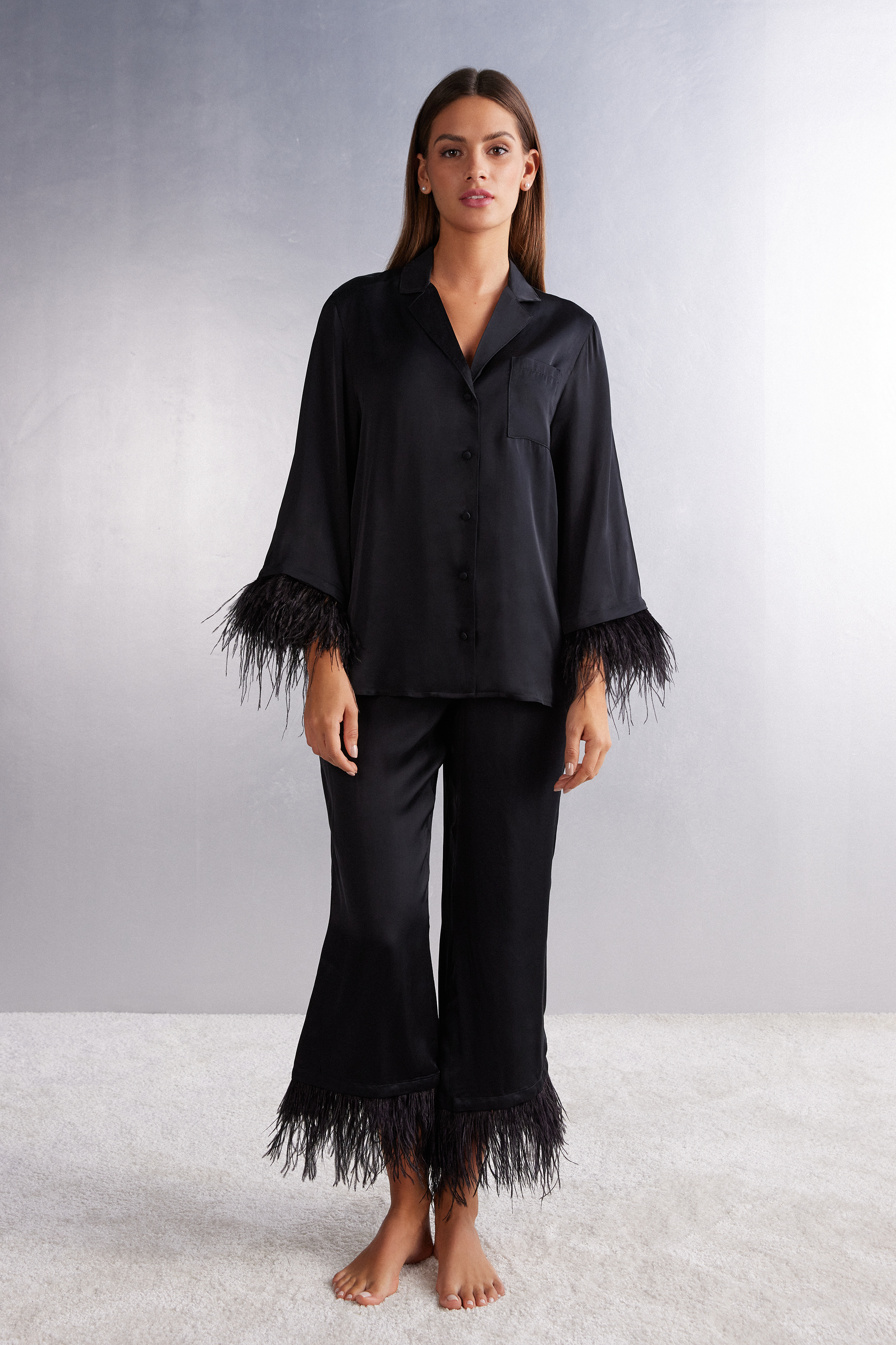 Long Viscose Satin Feather Pyjamas | Intimissimi