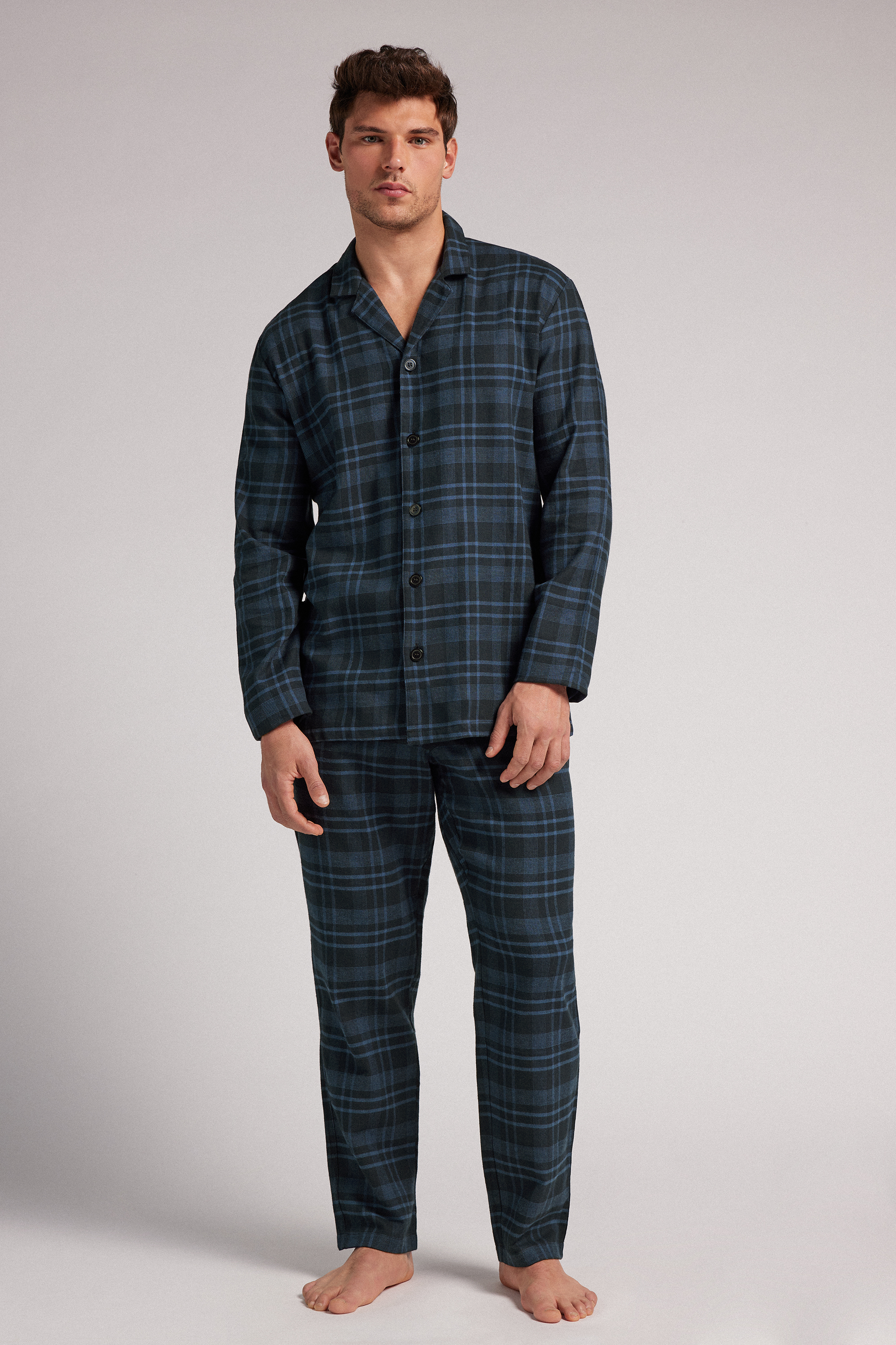 Lange Pyjama van Flanel met Blauwe Fantasieruit | Intimissimi