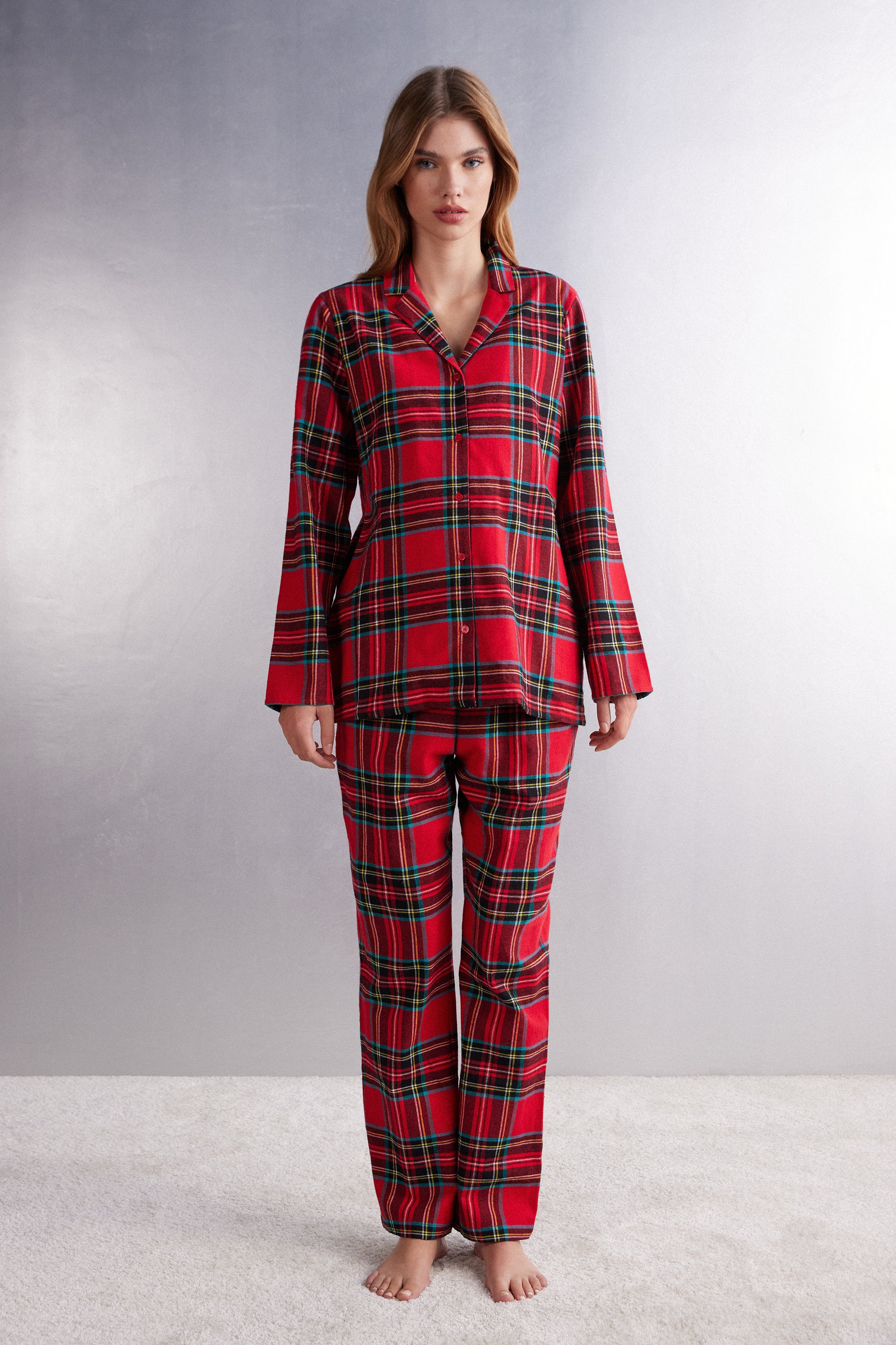 Full-Length Red Tartan Brushed Plain-Weave Pyjamas | Intimissimi